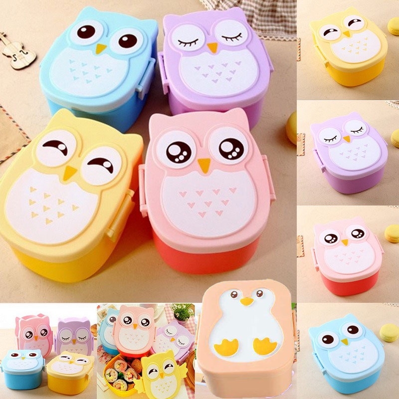 Cute Cartoon Animals Owl Penguin 2 Compartments Organizer Lunch Box ...